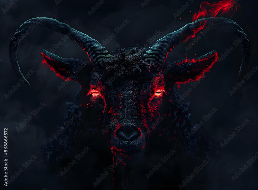 Dark, demonic goat with glowing red eyes and horns, surrounded by ...