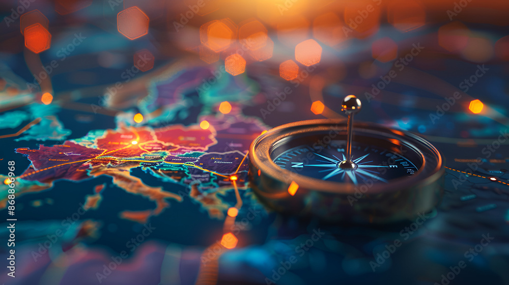 Magnetic compass and location marking with a pin on routes on world map ...