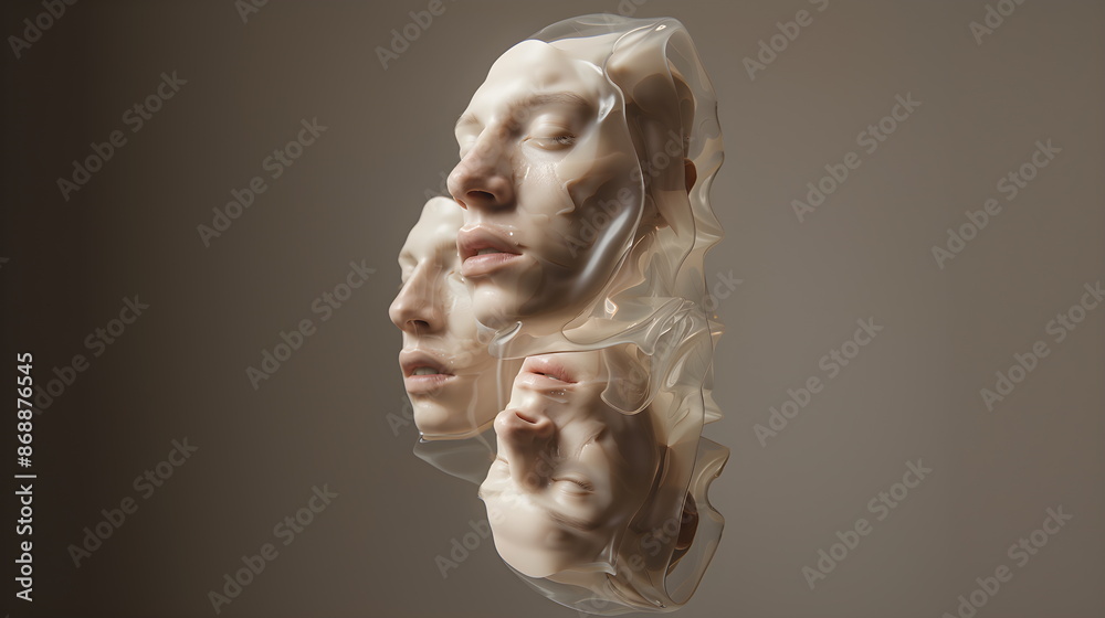 3D illustration, modern art, portrait of three faces with closed eyes ...