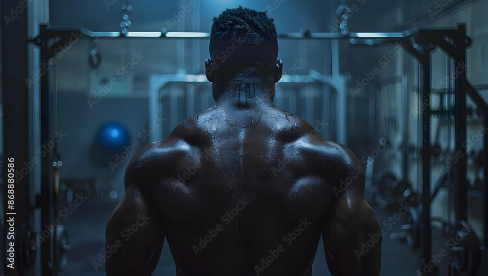 Back view of a muscular man in the gym, showcasing defined back muscles ...