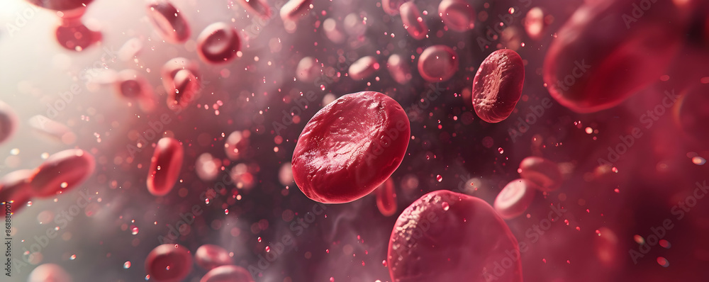 Close-up of red blood cells floating in a vibrant, misty environment ...