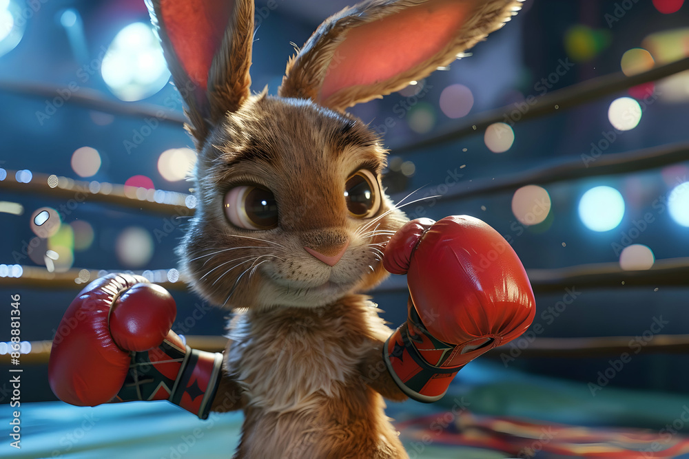 Cute animated bunny in boxing gloves, standing confidently in a boxing ...