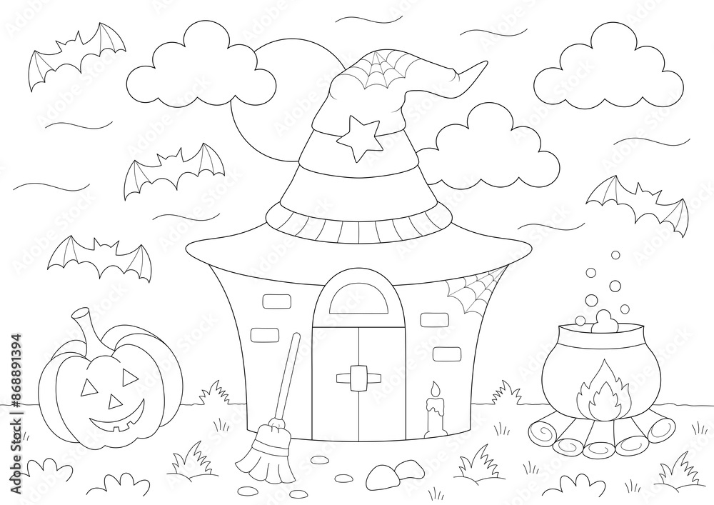 halloween a4 coloring page, black and white design Stock Illustration ...
