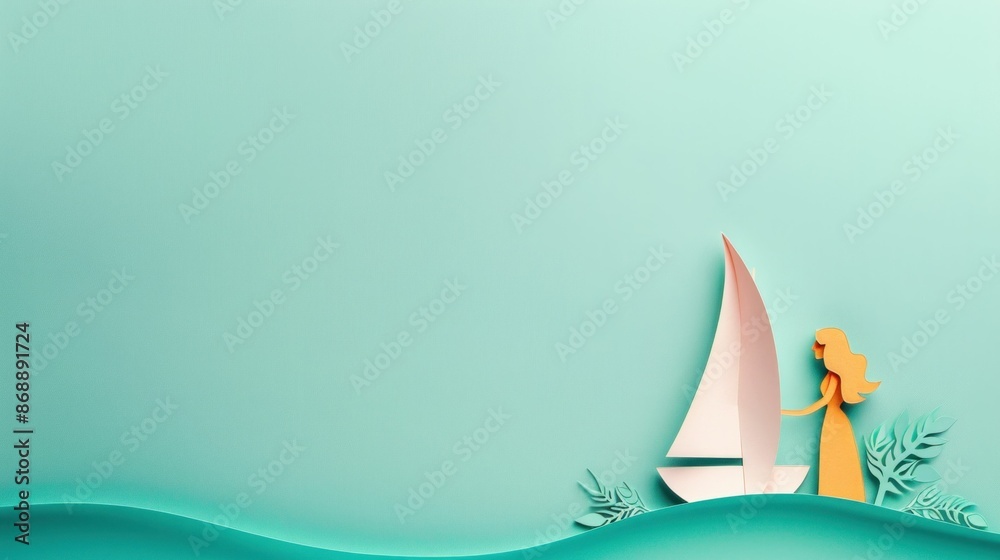 Girl sailing on sailboat in ocean with waves and leaves paper art on ...