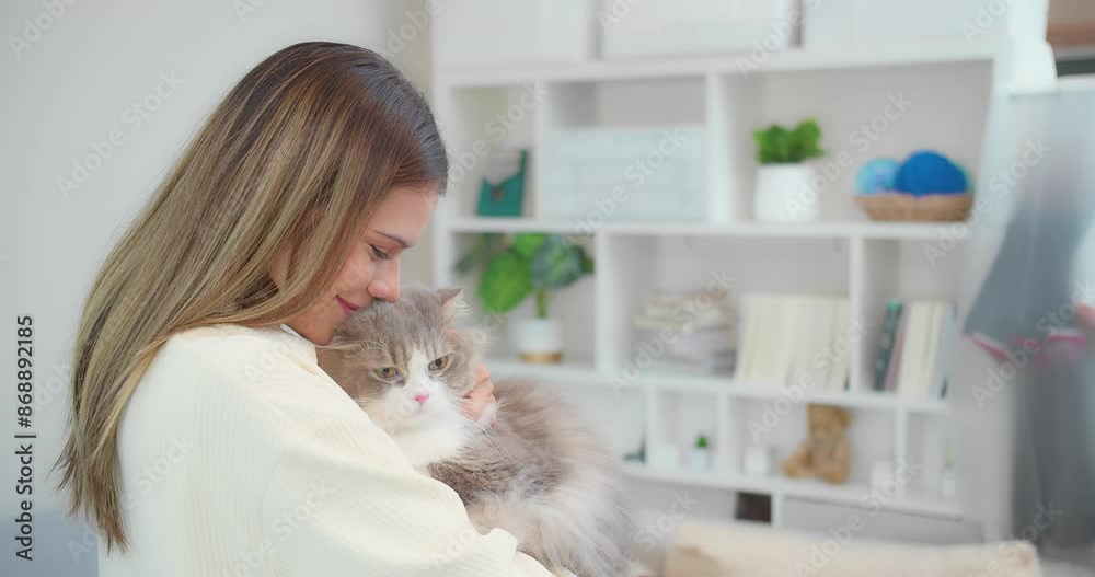 Portrait cute pretty young beautiful woman hugging embrace cute little ...