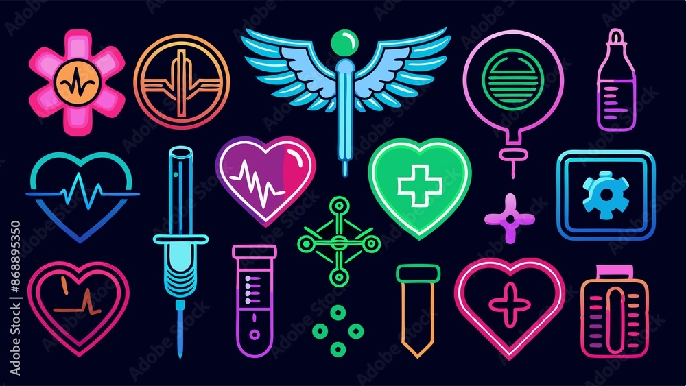 Collection of neon-lit medical symbols, including nurse's symbol, heart ...