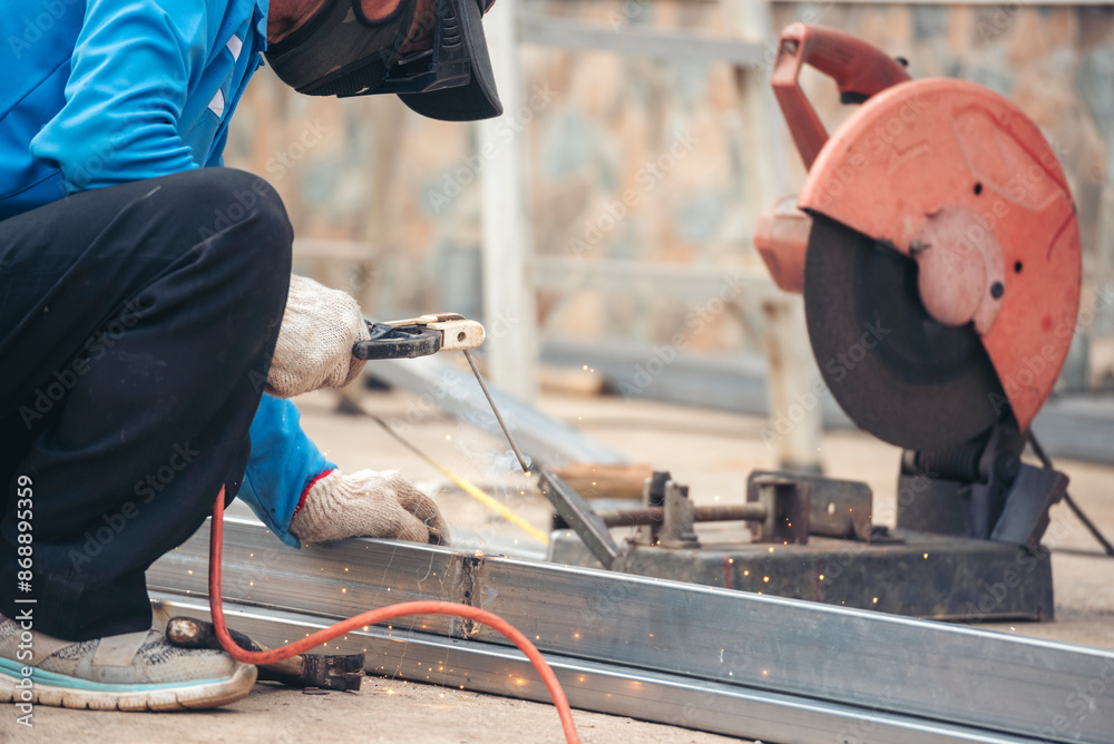 Men hands wear protective glove Hot flame metal work cutting fire iron ...