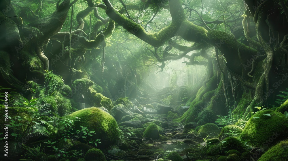 enchanted forest grotto ancient mosscovered boulders ethereal mist ...