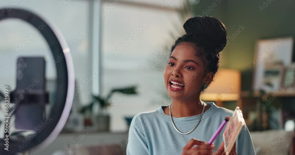 Makeup, ring light and girl in home with live streaming, content ...