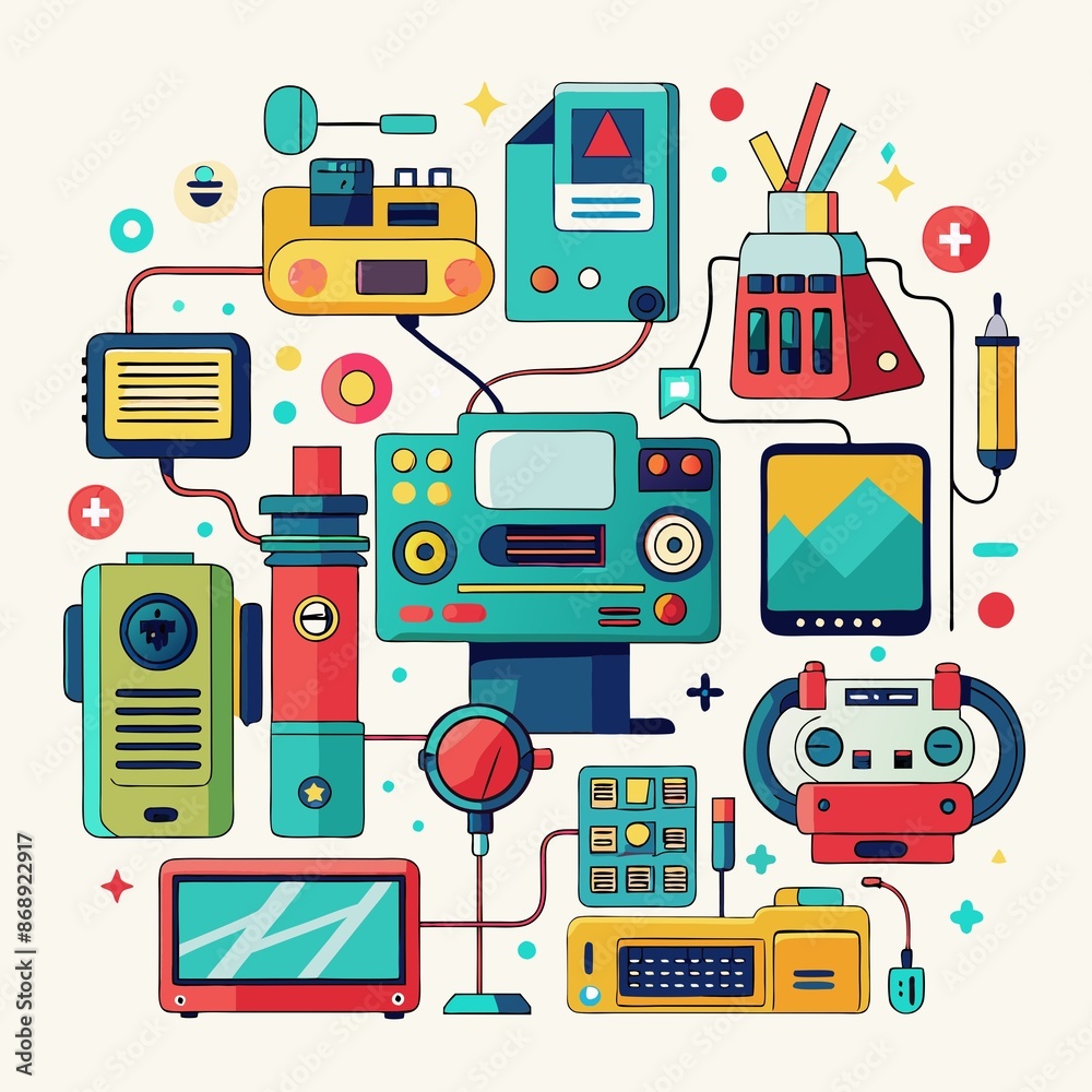 wires, cables, collection of retro-futuristic gadgets and devices on ...