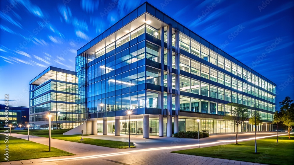 Modern corporate headquarters building at night, lit up with bright ...