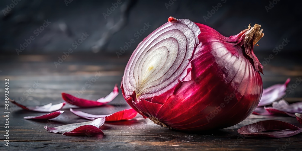 Fresh red onion with layers of skin peeled off, vegetable, organic ...