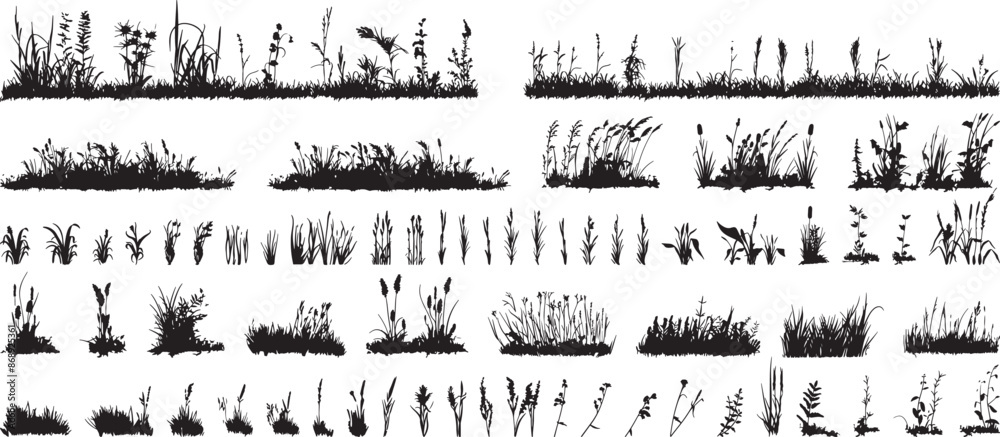 set of grass line cad and silhouettes isolated on white background ...