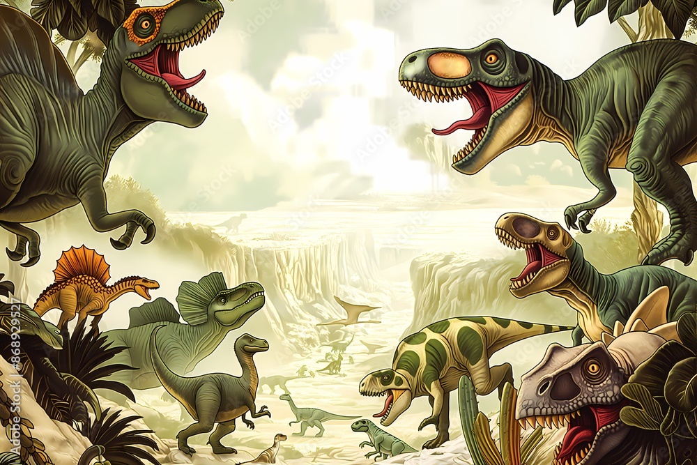 An illustration featuring a diverse collection of dinosaurs set against ...