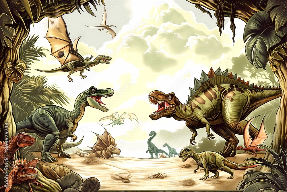An illustration featuring a diverse collection of dinosaurs set against ...