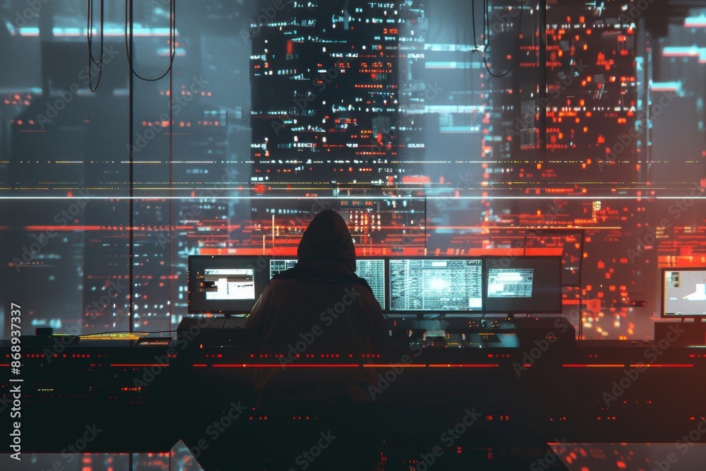 A dark figure hunched over a keyboard in a dimly lit room, their face ...