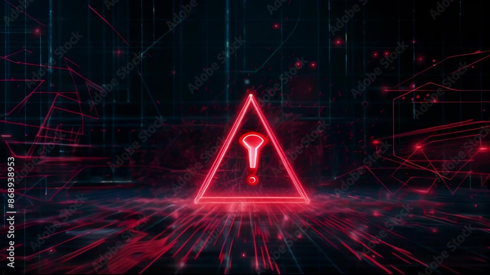 Glowing red triangle with exclamation mark against dark digital ...