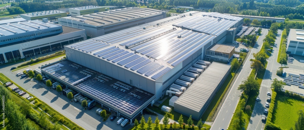 Aerial view of a large factory with a roof covered in solar panels ...