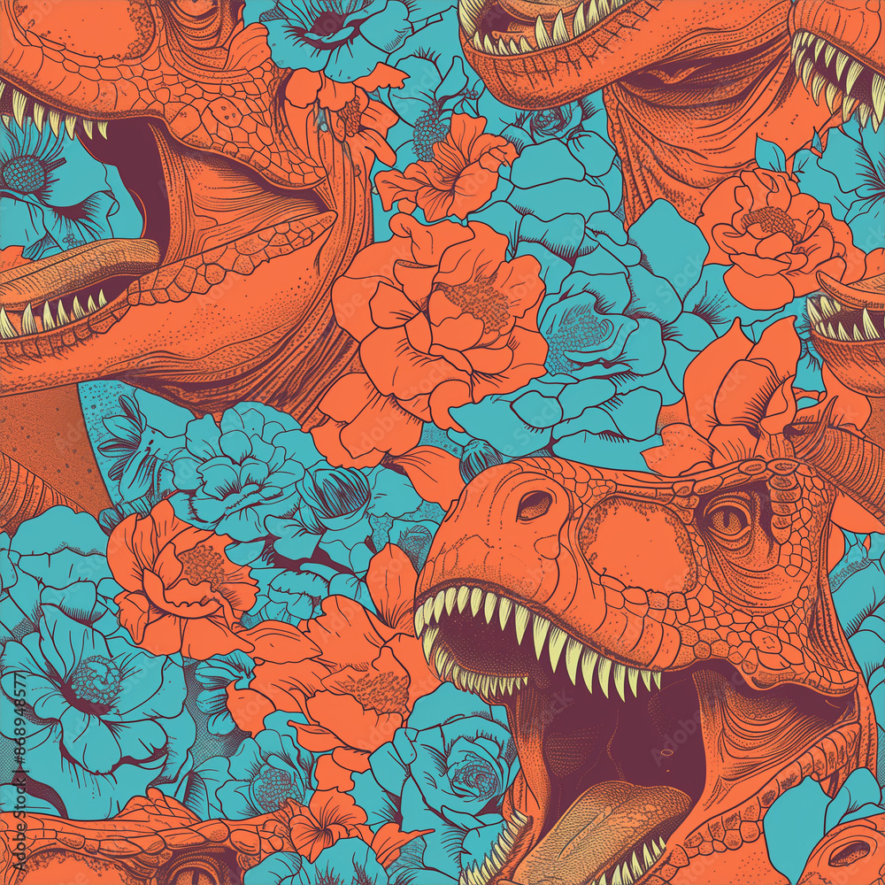 seamless wallpaper pattern with various dinosaurs, Tyrannosaurus rex in ...