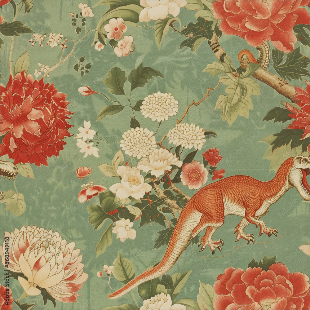 seamless wallpaper pattern with various dinosaurs, Tyrannosaurus rex in ...