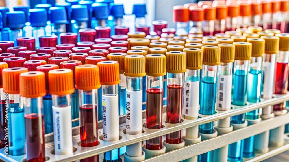 Assorted blood sample tubes labeled for testosterone, estrogen, and ...