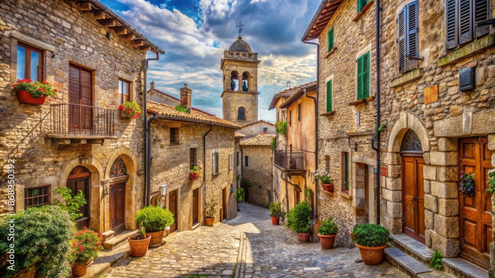 Ancient worn stone buildings with ornate bell towers and rusticated fa ...