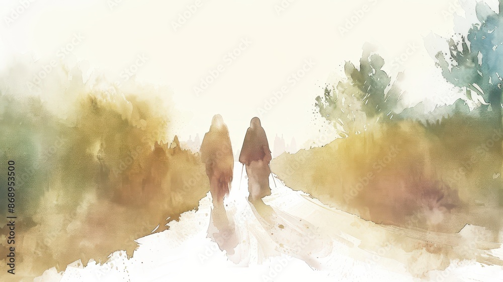 Watercolor Illustration of Jesus on the Road to Emmaus, Faith and ...