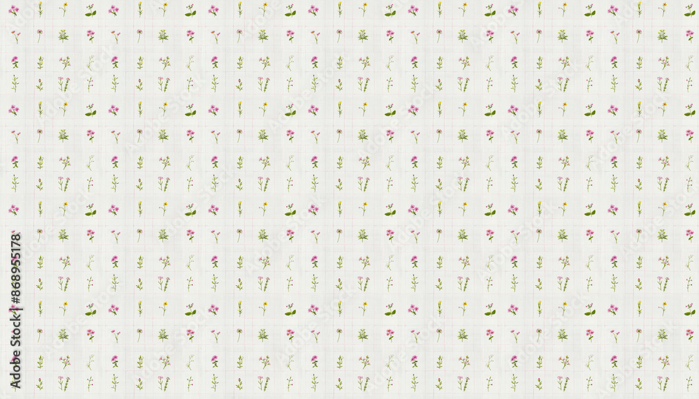 A pattern that features small flowers in grids on white linen fabric ...