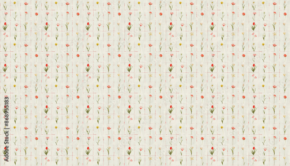 A pattern that features small flowers in square grid in pastel colors ...