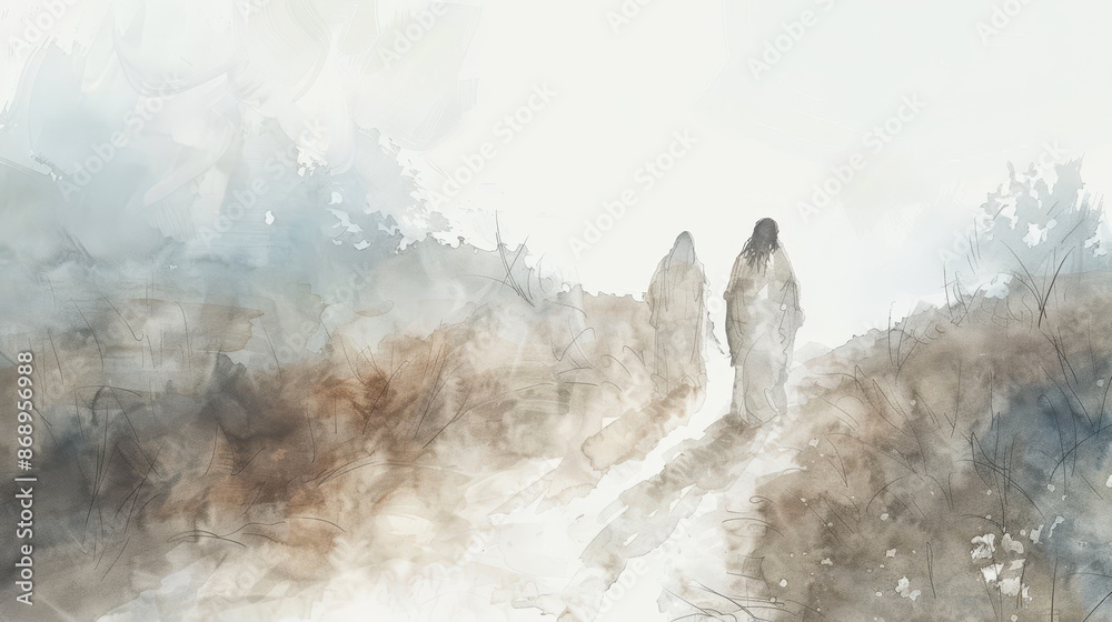 Watercolor Illustration of Jesus on the Road to Emmaus, Faith and ...