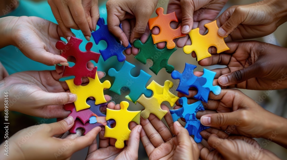 Bringing together diverse people in a colorful jigsaw puzzle represents ...