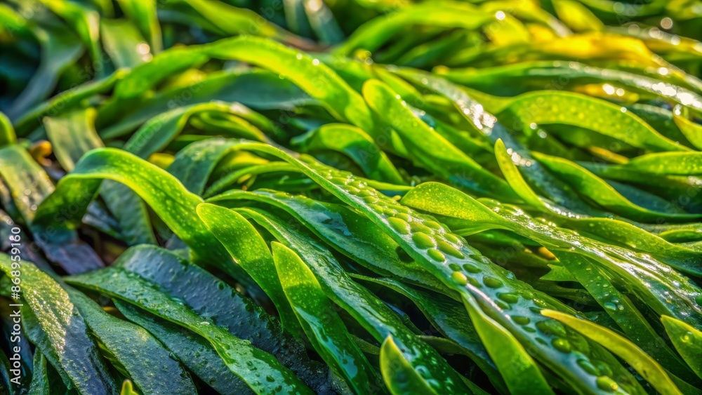 Vibrant green seaweed kelp texture appears in extreme close-up with ...