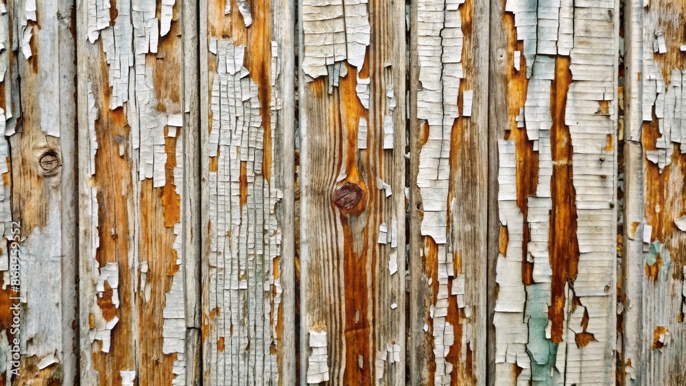 Weathered aged peeling white paint on rustic old gray wood board wall with simple wooden boards ...