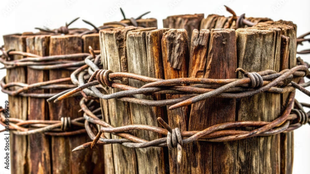 Rusty metal barbed wire strands coil around wooden poles, forming a ...