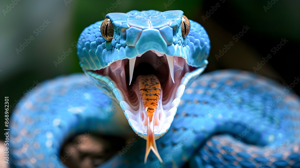 Ferocious Blue Viper Snake with Forked Tongue Baring Its Fangs in ...