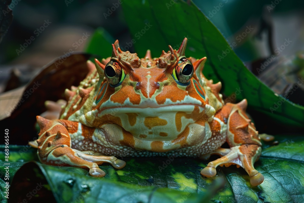 Full body view of Argentine Horned Frog on leave in natural habitat ...