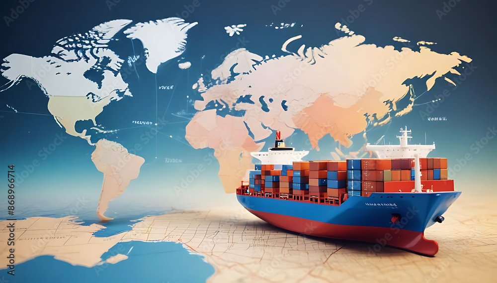 Container ship model on world map, a world map with a world map and a ...