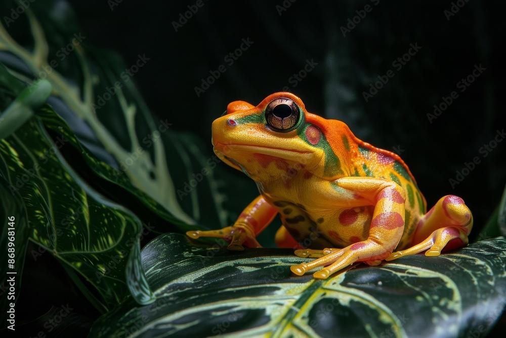 Mystic portrait of Panamanian Golden Frog on leave, full body view ...