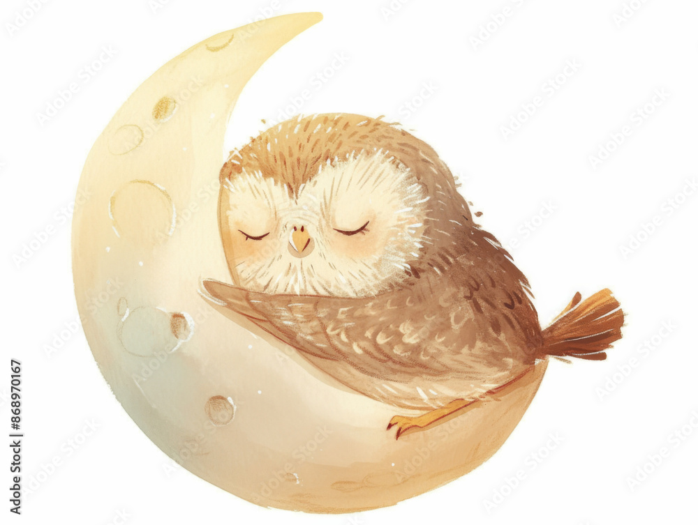 cute little owl hugs the moon, bird dreaming on the month. Children's ...