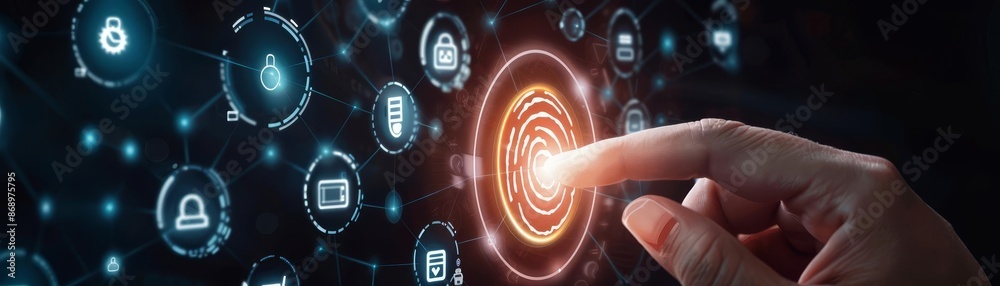 Finger Touching A Glowing Fingerprint Icon With Various Digital Security Symbols Around It