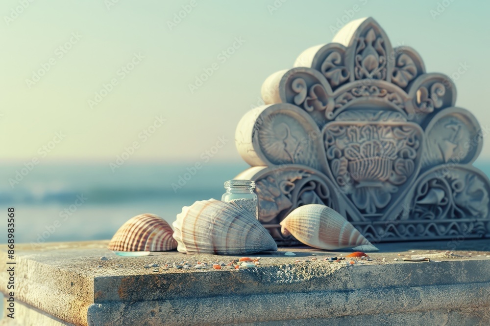 A white headstone with a frame is on a beach with shells and a bottle ...