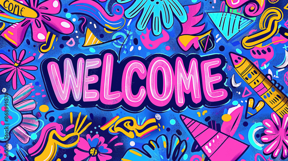 "WELCOME" in a playful and childlike font, surrounded by animated ...