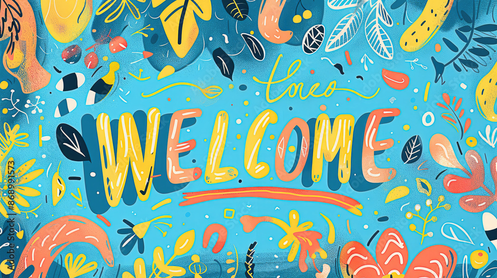 "WELCOME" in a playful and childlike font, surrounded by animated ...