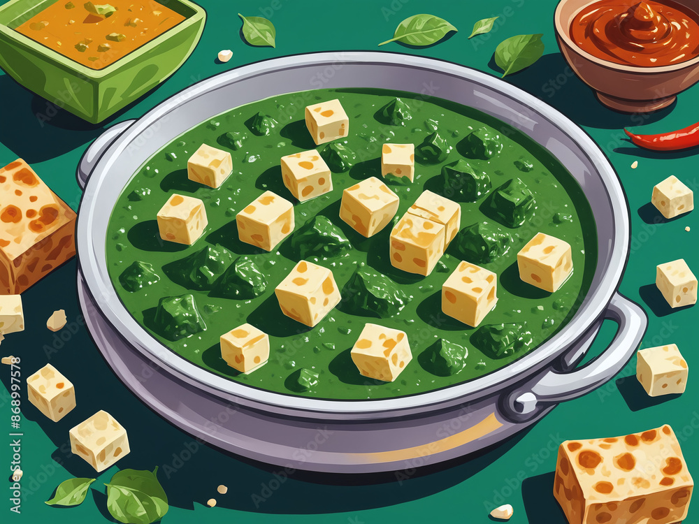 Palak Paneer, creamy spinach curry, cubes of paneer, aromatic spices ...