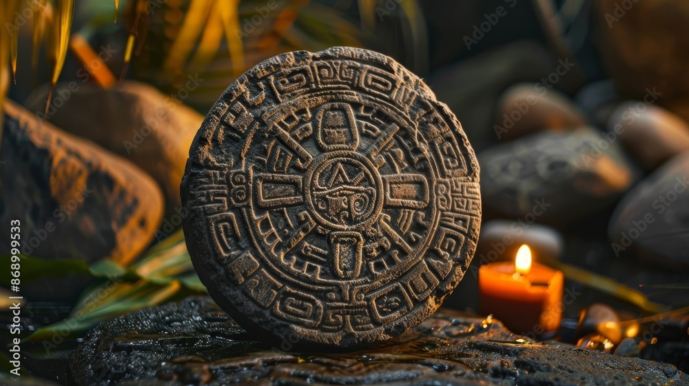 Magic light enhancing Aztec Sun Stone, detailed carvings revealing ...