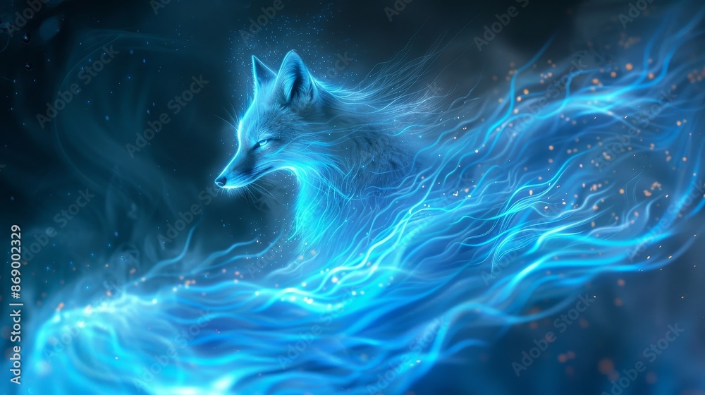 Mystical nine-tailed fox with glowing azure-indigo flames, ancient ...
