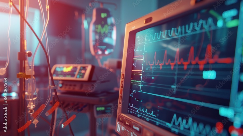 focus monitor Monitor screen with vital signs and ECG data of a patient ...