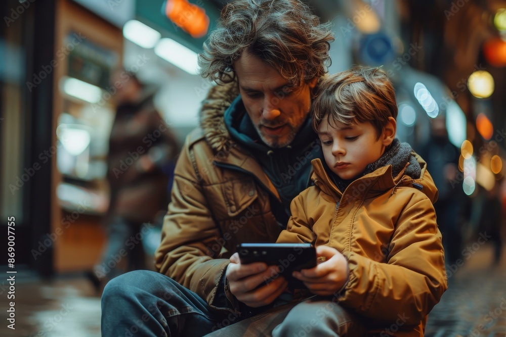 father son child family smartphone man teenage phone boy parent ...