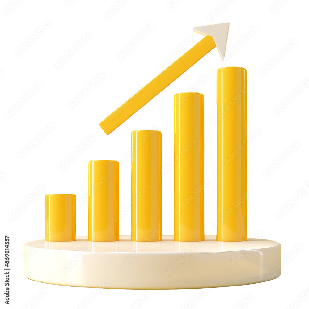 Yellow bar graph with an upward arrow on a round base with transparent ...
