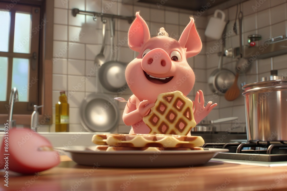 Cute cartoon pig making waffles in the kitchen in 3D render cartoon ...